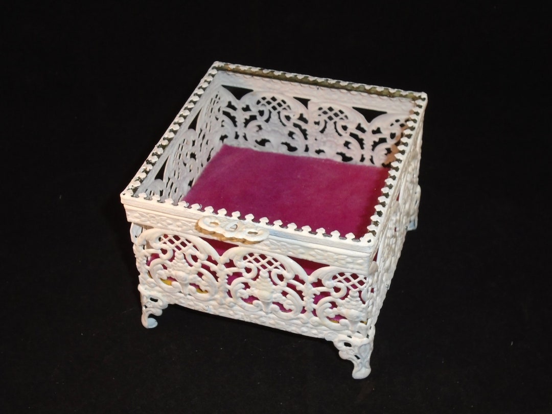 Filigree Box With Glass Lid. White Ornate Filigree Footed Box. Painted ...