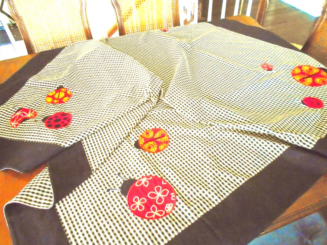 Lady Bug Tablecloth, 60"x60" Square. Black and Beige Gingham Appliqued ...