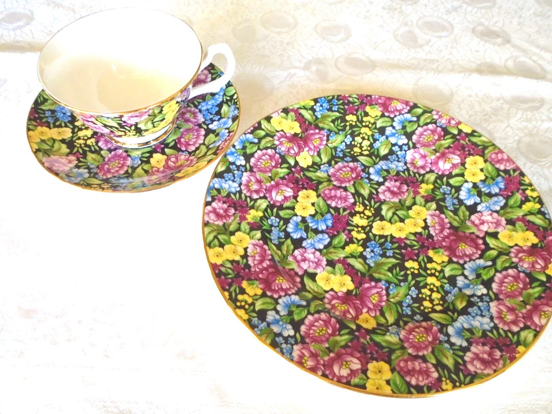 Chintz Tea Set, 3 Piece, English Bone China Trio Black Chintz Gold Edge ...