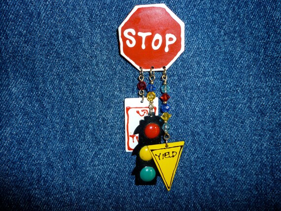 Traffic Signs, Enamel pin, STOP sign with three hangi… - Gem
