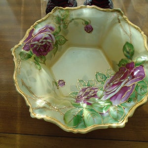 Antique Nippon Hand Painted Roses Bowl, Ruffled Hexagon. Magenta Pink ...