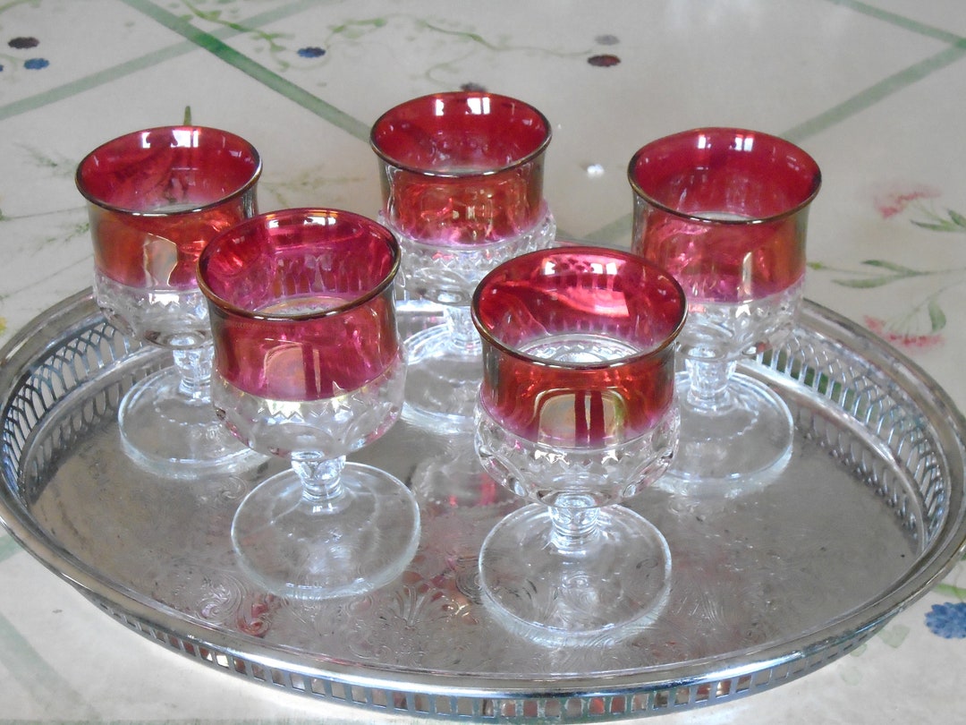 Five (5), Ruby Red Flash Wine Barware, 4.25"h. Very Fine Condition. King's Crown Thumbprint ...