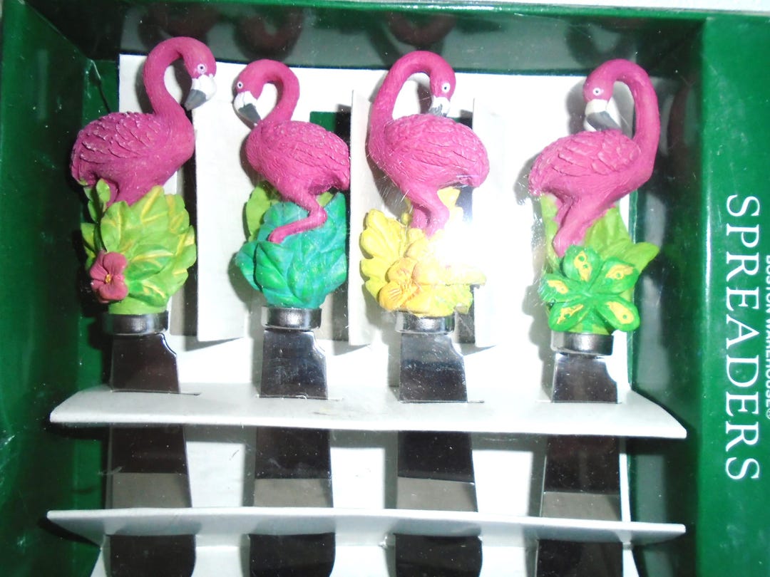 Flamingo Cheese Spreaders, 4 Pink Spreaders, 4.75". Pink Flamingos Atop ...