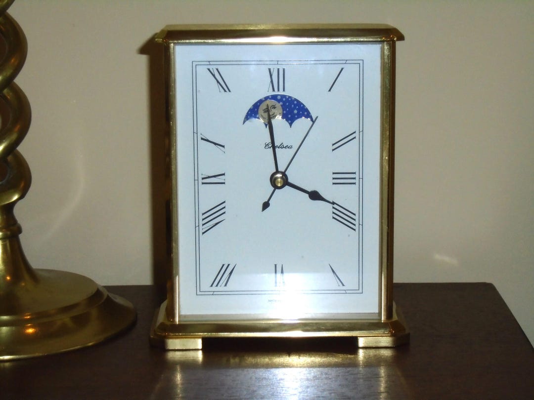 Chelsea Moon Phase Clock, Hermle 2100 Quartz Heavy Brass Desk Mantel ...
