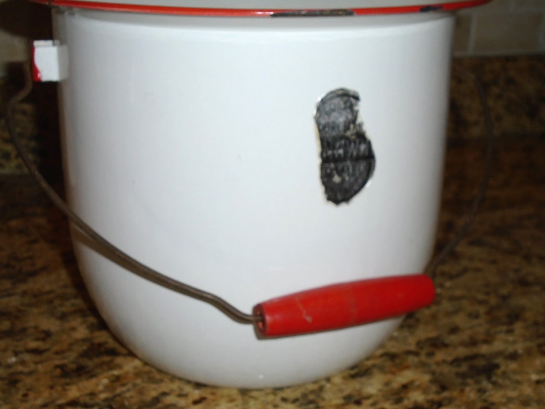 Red Trim Enamelware Bucket W/handle, Wire and Red Wood Bale. KANAWHA ...