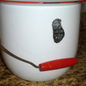 Red Trim Enamelware Bucket W/handle, Wire and Red Wood Bale. KANAWHA ...