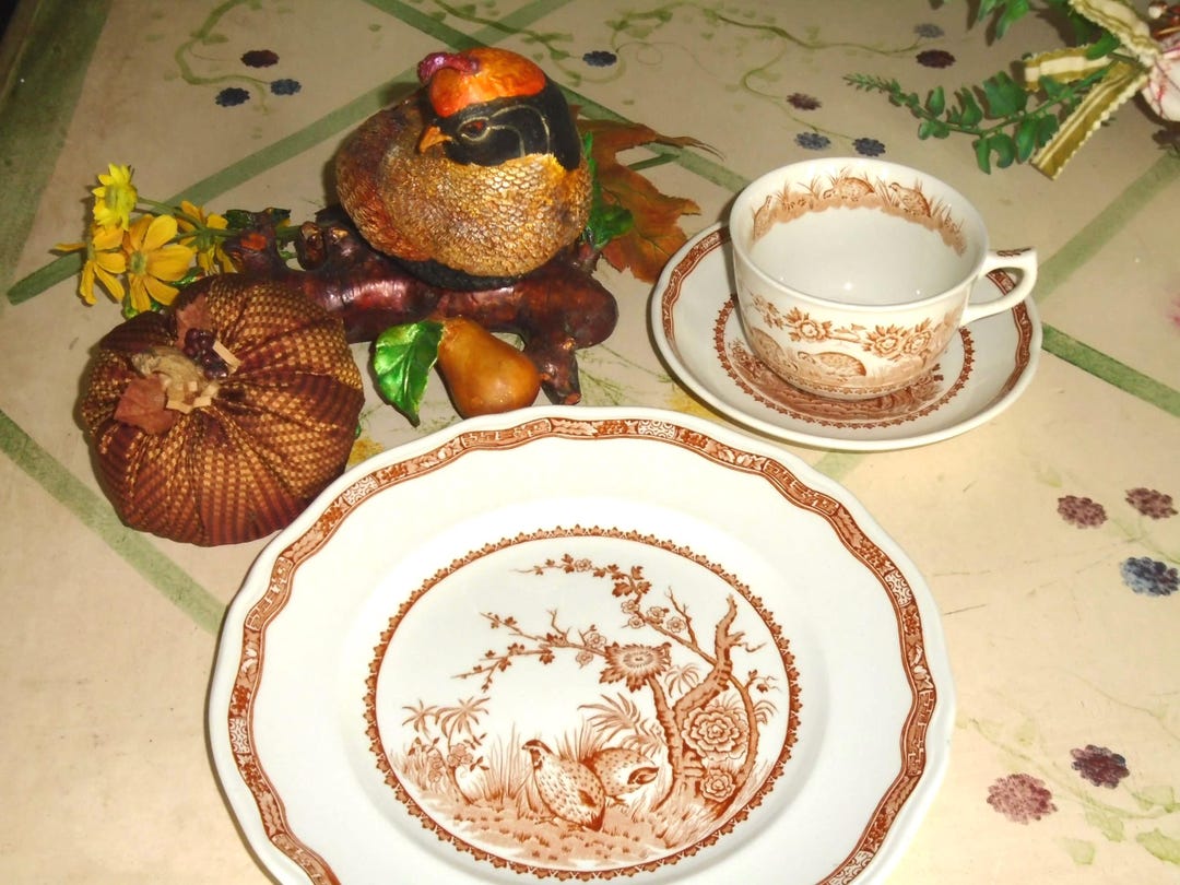 Furnivals Brown Quail Transferware Dinnerware. 3, 9" D. Plates, 4 Cup ...