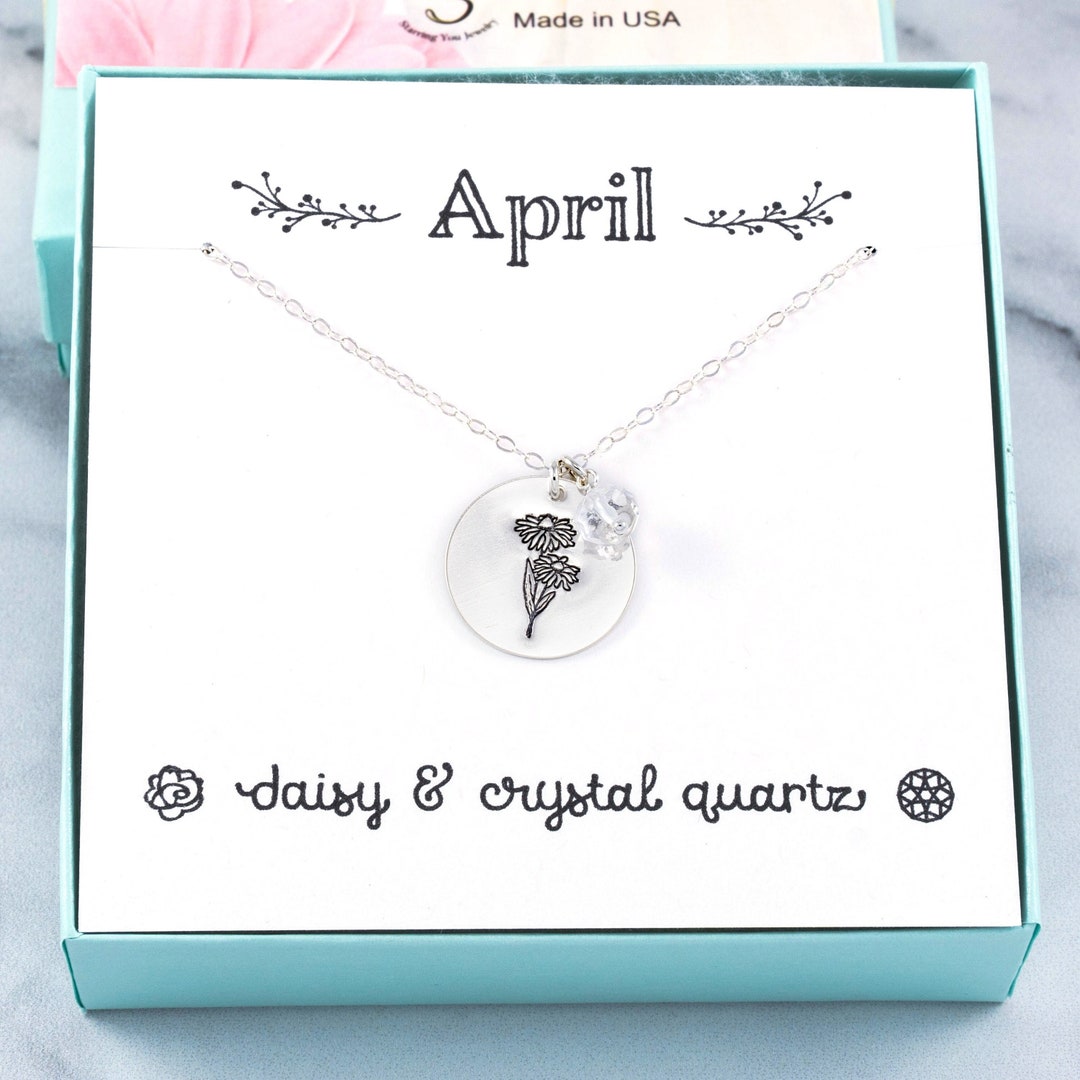 Personalized April Daisy Birthstone Necklace - Crystal Quartz & Custom ...