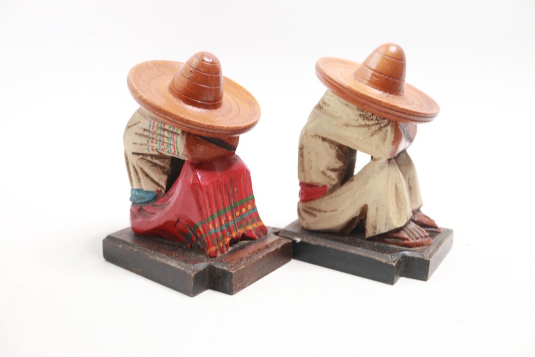 Pair Vintage Hand Carved Resting Mexican - Small Bookends - Folk Art ...
