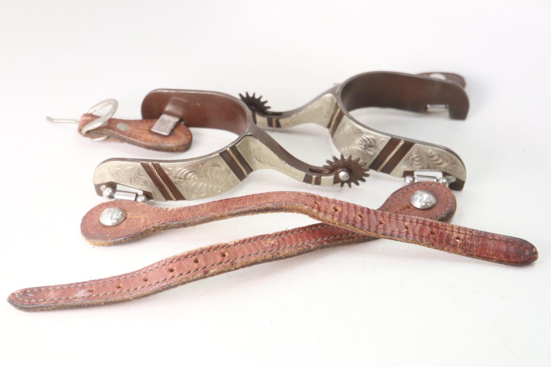 Vintage Fancy Cowboy Spurs - Engraved Arms - Leather Straps - Steel ...
