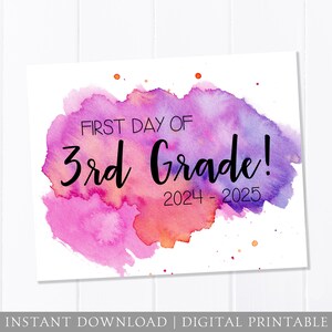 First Day of School Sign, Third Grade, Watercolor, First Day Sign, Pink ...