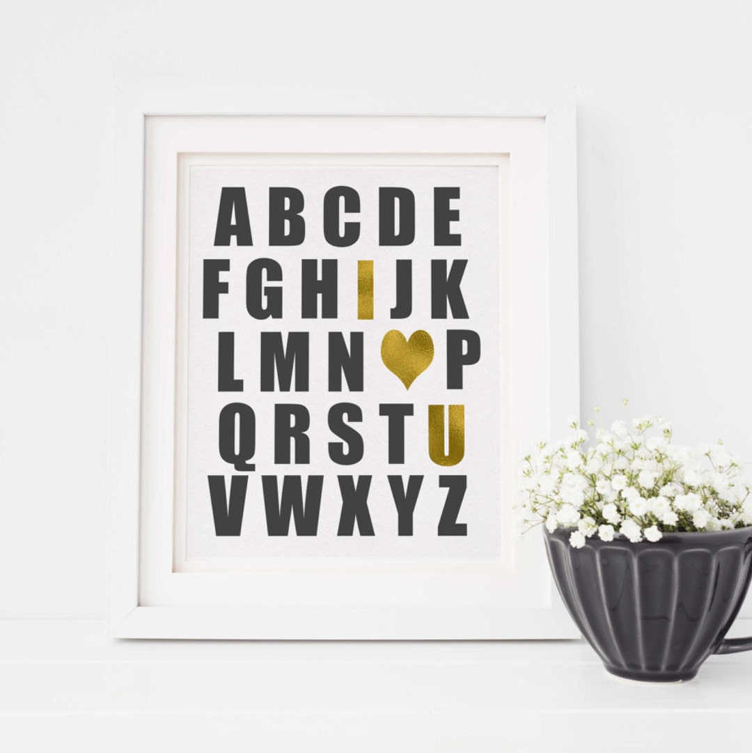 Nursery Art Print Alphabet I Heart You Gold I Love You ABC Simple ...