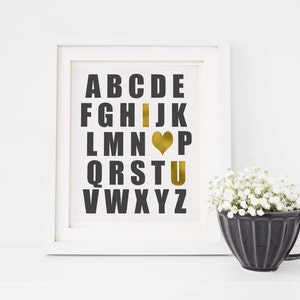 Nursery Art Print Alphabet I Heart You Gold I Love You ABC Simple ...