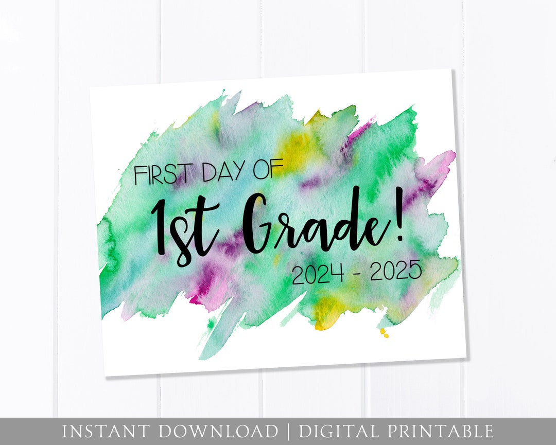 First Day of School Sign, 1st Grade, Watercolor, Green Purple, First ...