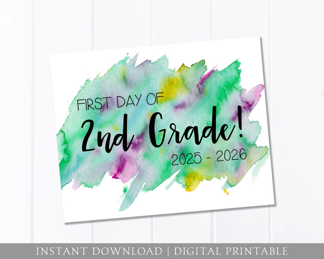 First Day of School Sign, Second Grade, Watercolor, Green Purple, First ...