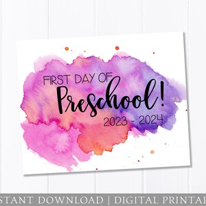 First Day of School Sign, Preschool, Watercolor, First Day Sign, Pink ...