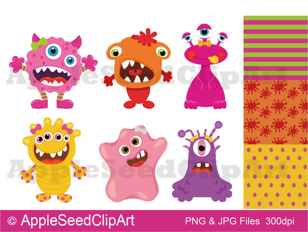 Girl Monsters Digital Clip Art, Cute Monster Digital Clip Art, Instant ...