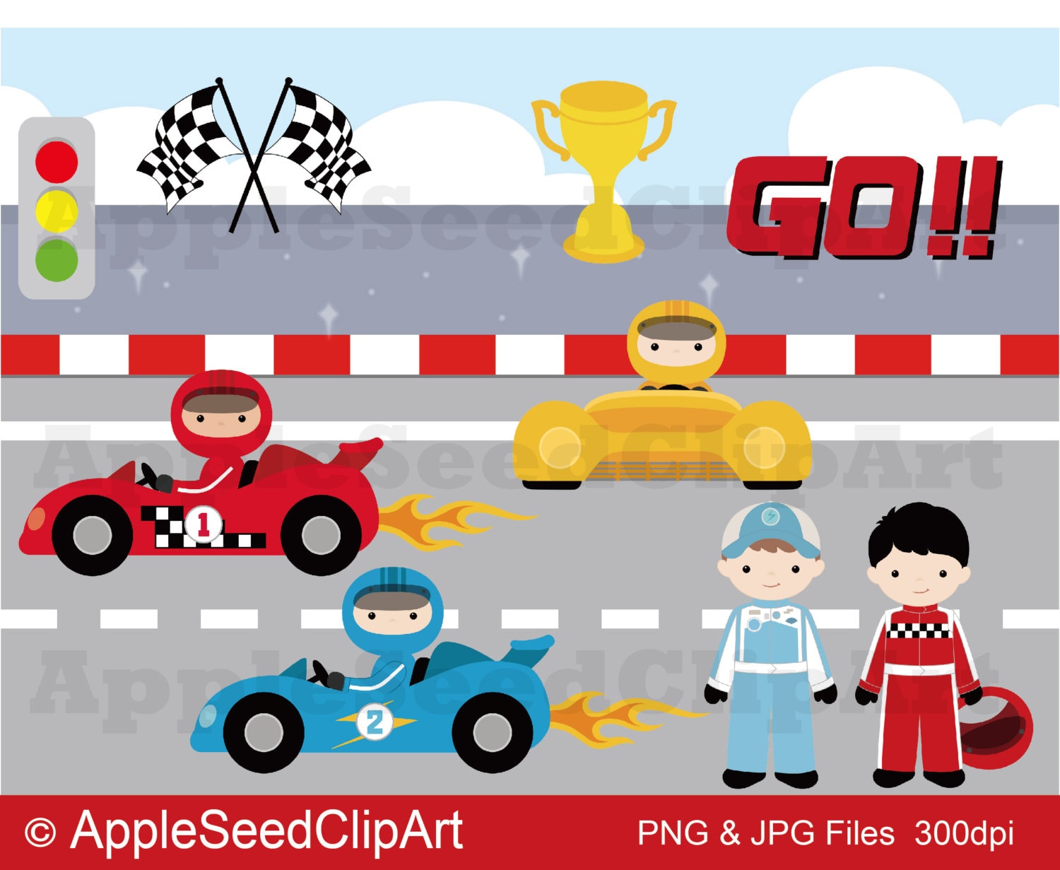 Race Car Digital Clip Art, Instant Download, Cute Boys Digital Clip Art ...