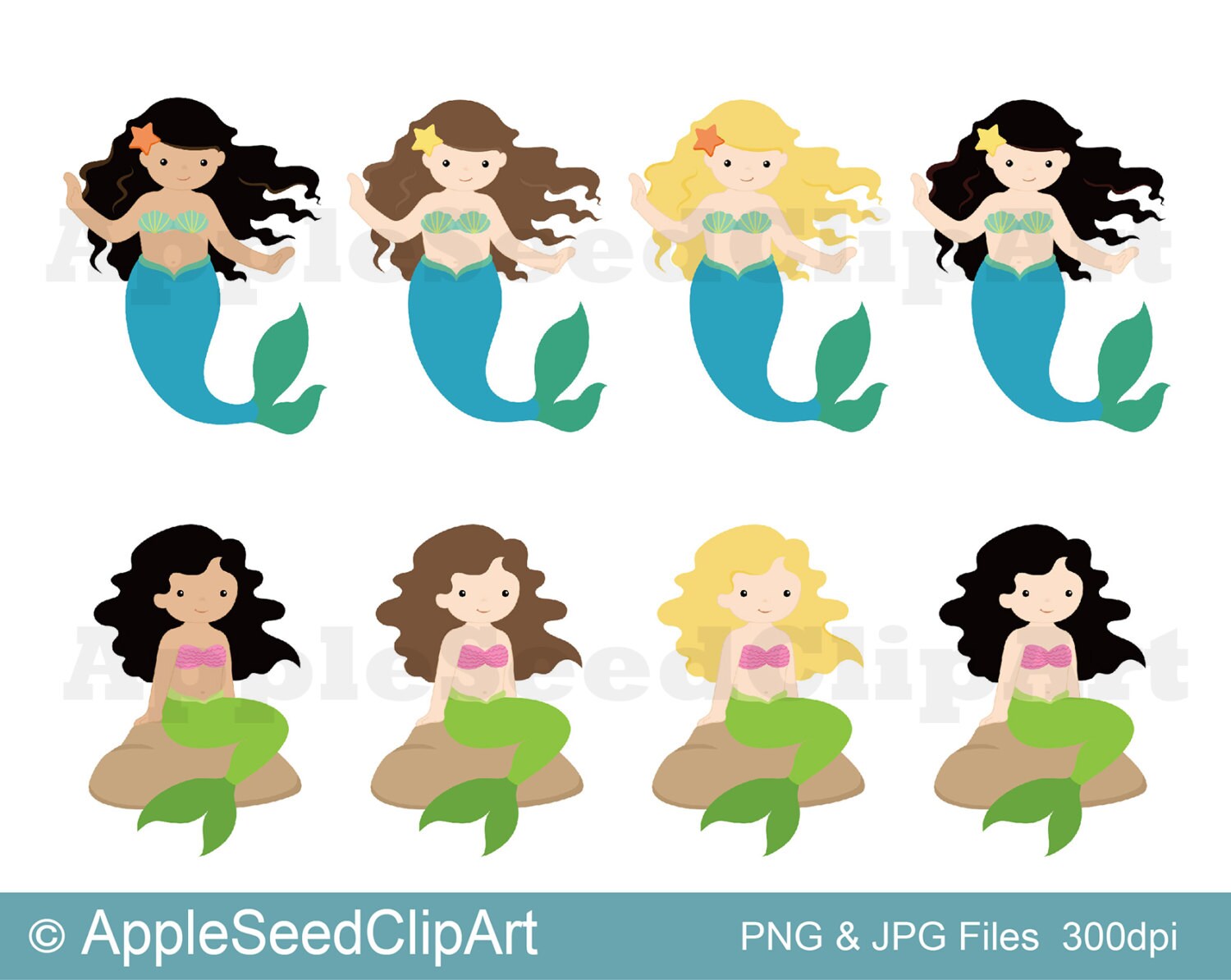 Mermaids Digital Clip Art Instant Download Cute Girl Mermaid - Etsy