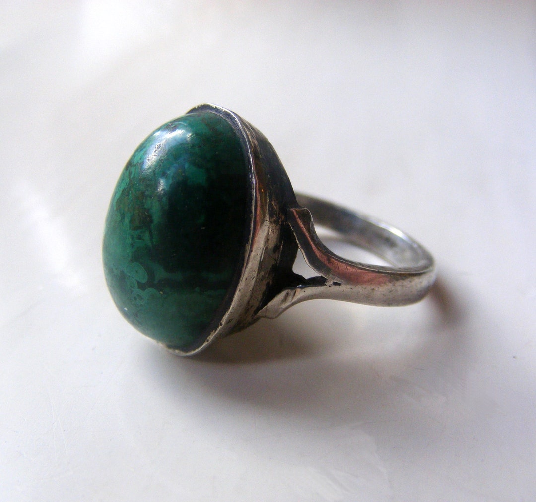 Old Vintage Solid Sterling Silver Bezel Set Deep Green Turquoise or ...