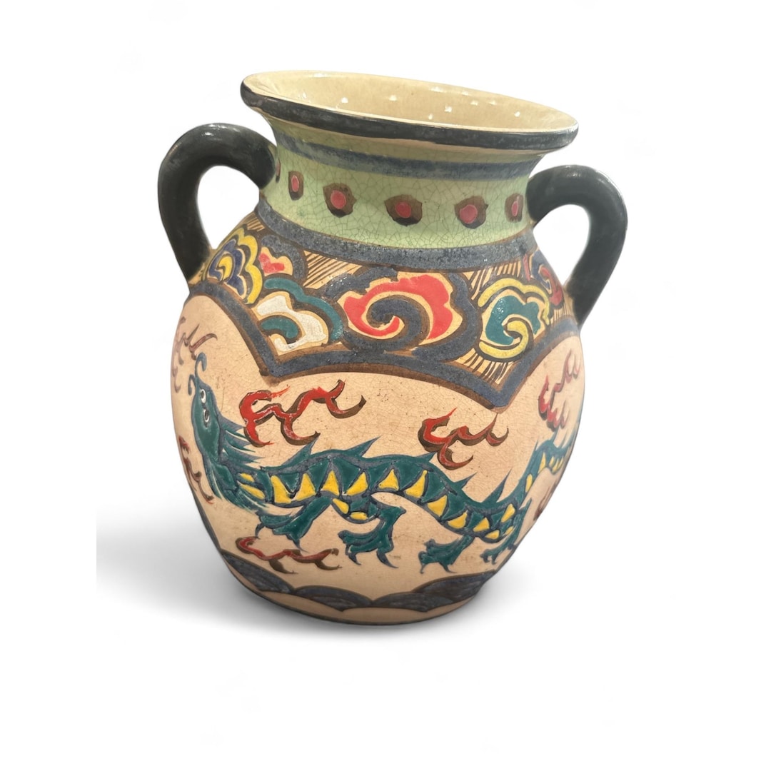 Vintage Hand-painted Dragon & Phoenix Ceramic Vase Two Handles Chinese ...