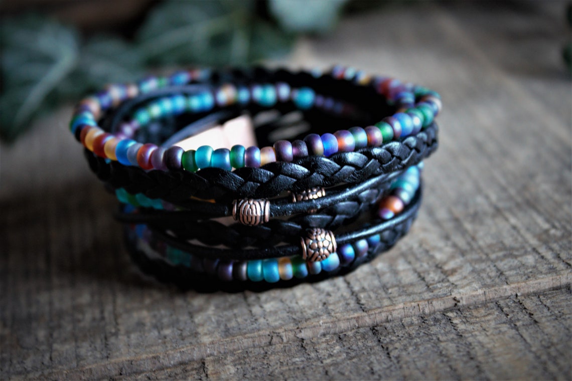 Black Leather Bracelet Layering Stack Boho Wrap Bracelet | Etsy