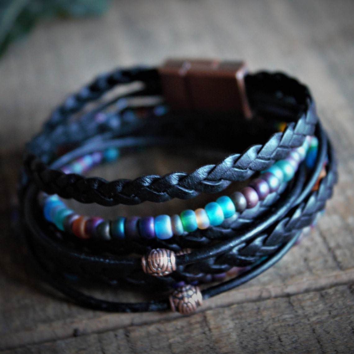 Black Leather Bracelet Layering Stack Boho Wrap Bracelet | Etsy
