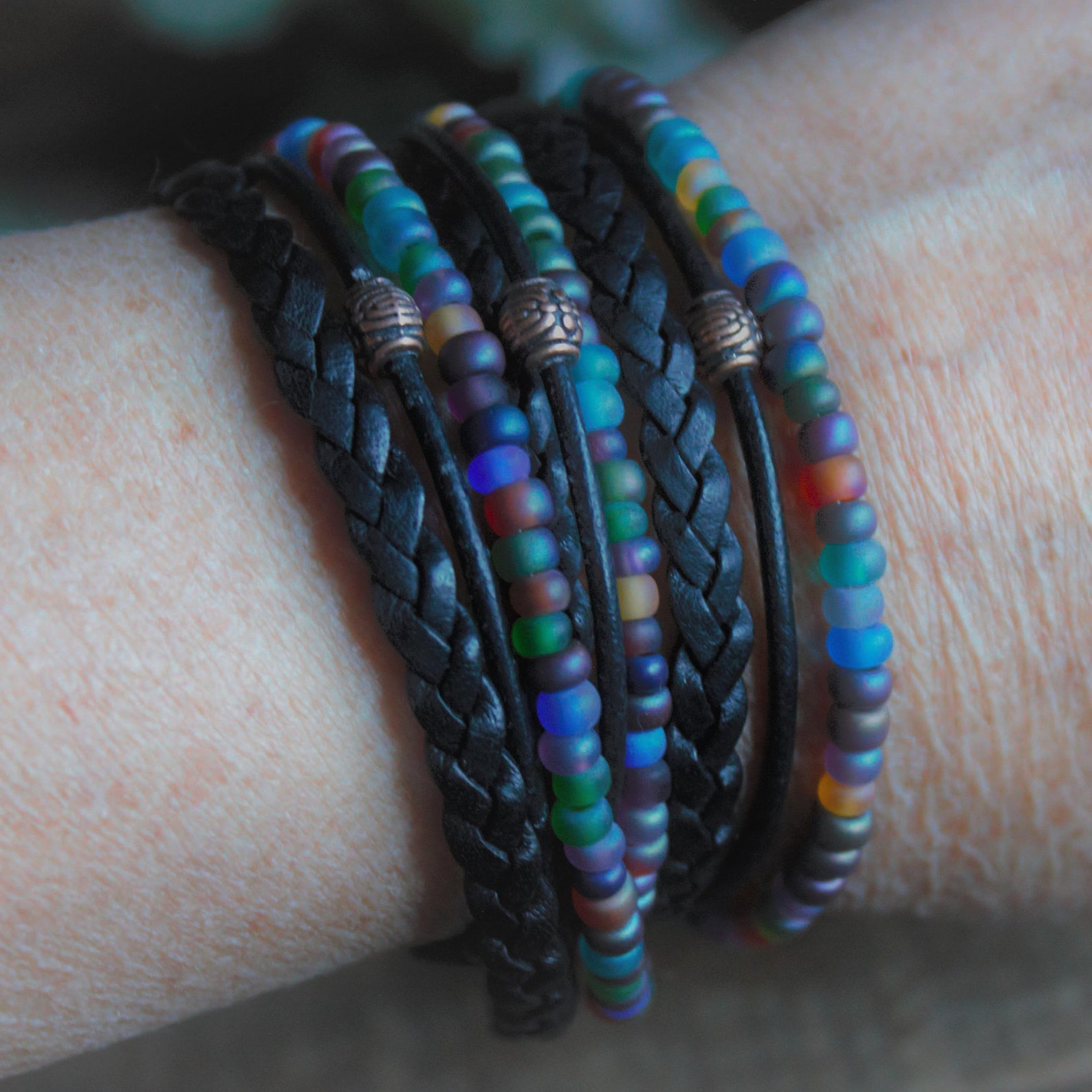 Black Leather Bracelet Layering Stack Boho Wrap Bracelet | Etsy