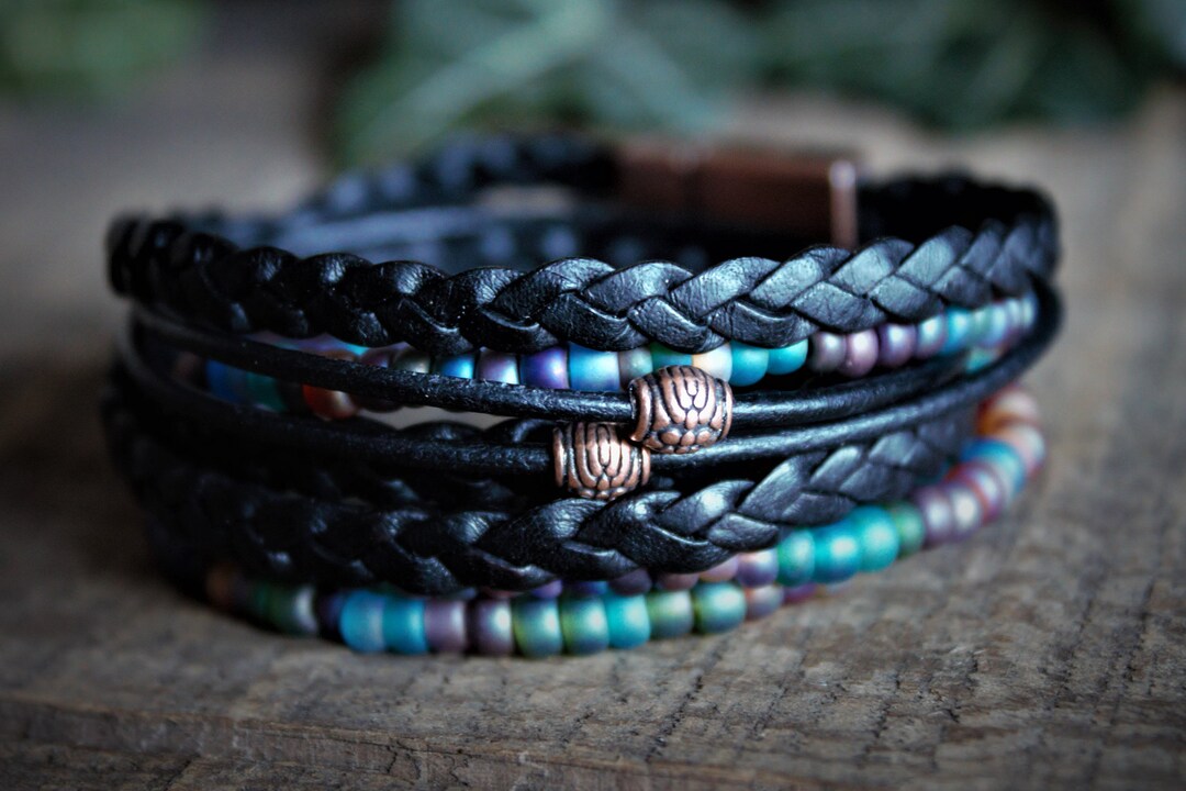 Black Leather Bracelet, Layering, Stack, Boho Wrap Bracelet , Leather ...