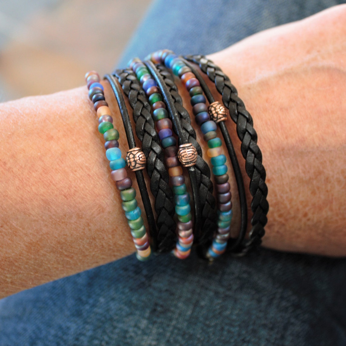 Black Leather Bracelet Layering Stack Boho Wrap Bracelet | Etsy