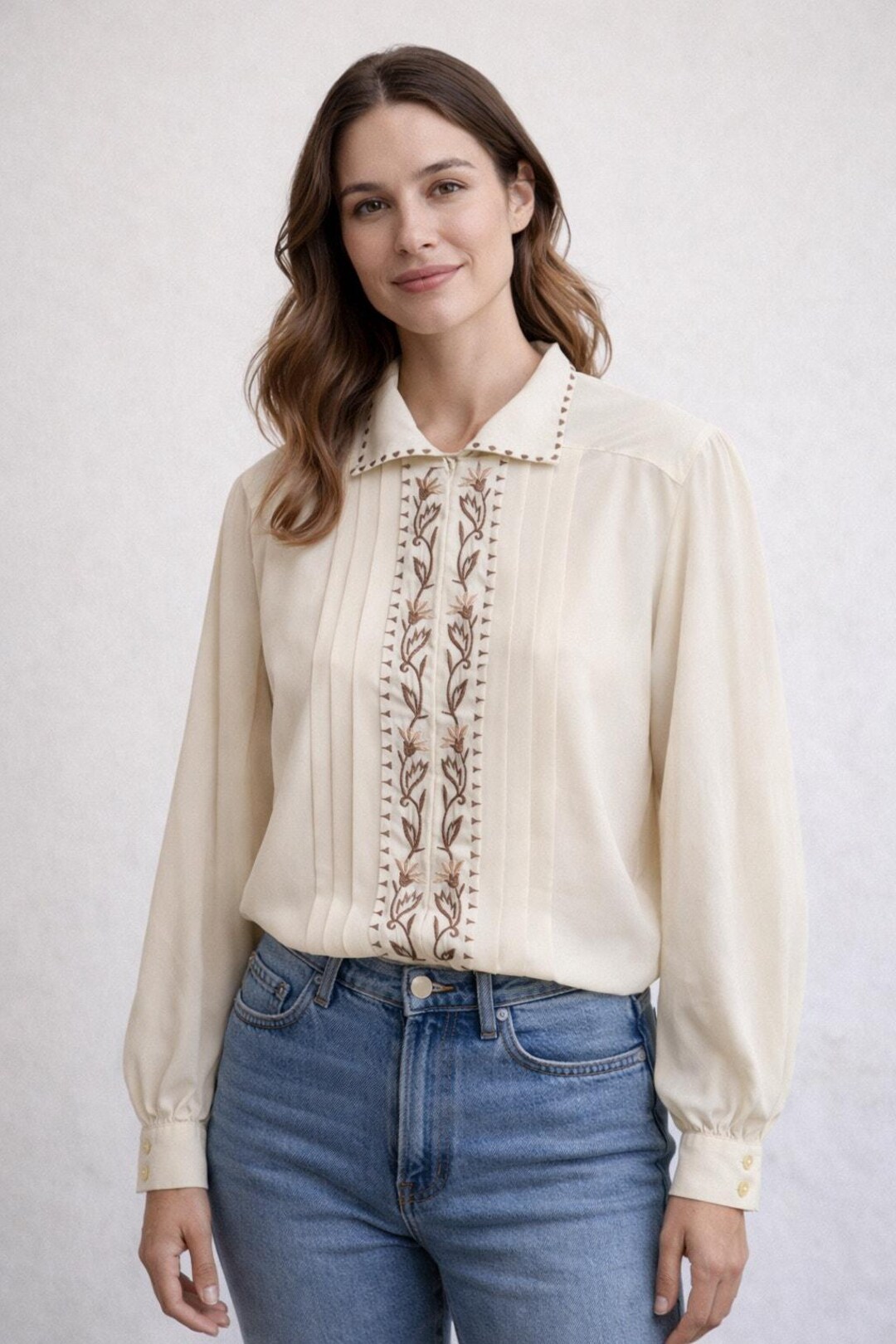 Vintage Gailord Ivory Embroidered Pleated Long Sleeve Blouse ...