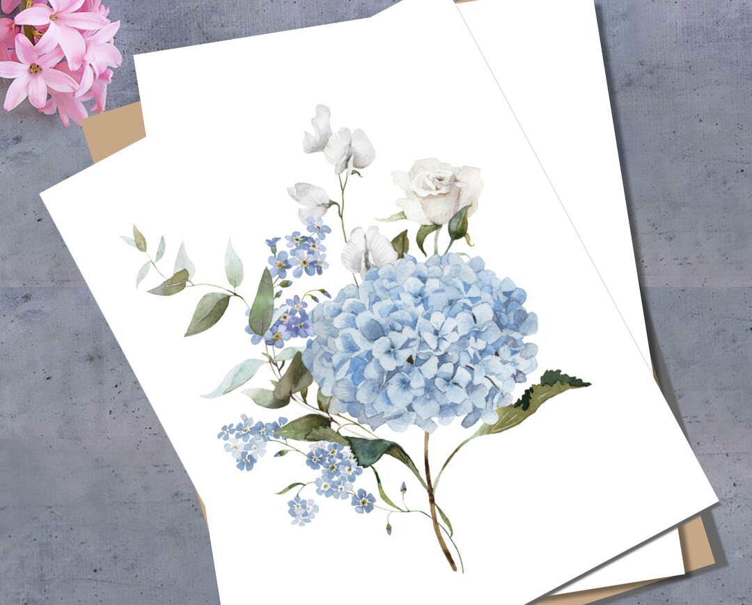 Watercolor Blue Hydrangea White Hydrangea Floral Stationery on White ...