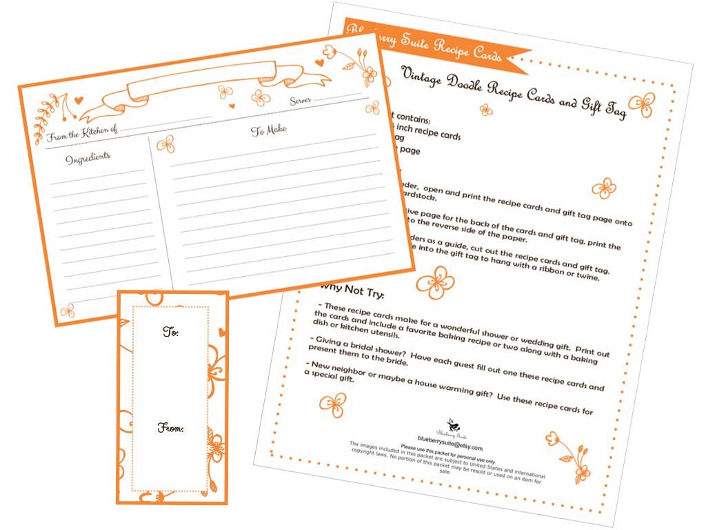 Recipe Card, Printable Recipe Card and Gift Tag, Vintage Doodle Art ...