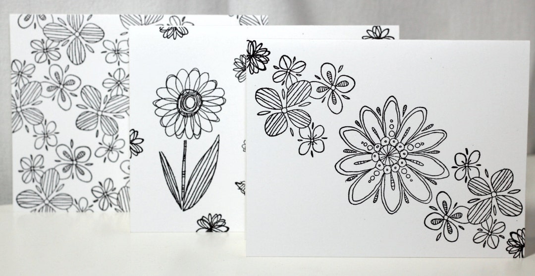 Set of 6 Black and White Doodle Flower Stationery Note Cards With ...