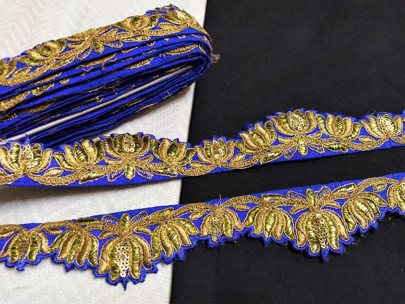 Royal Blue Embroidered Cutwork Trim Crafting Fabric Lace Golden Zari ...