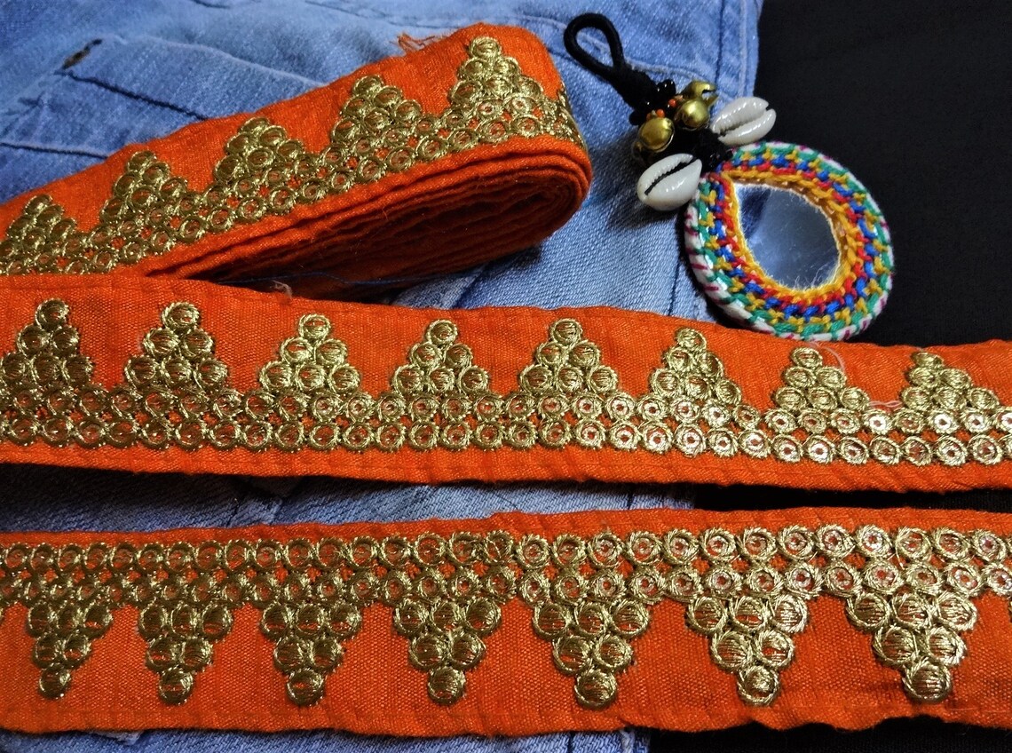 Indian Lace, Orange Zari Trim Sari Border, Embroidered Lace Sequins ...