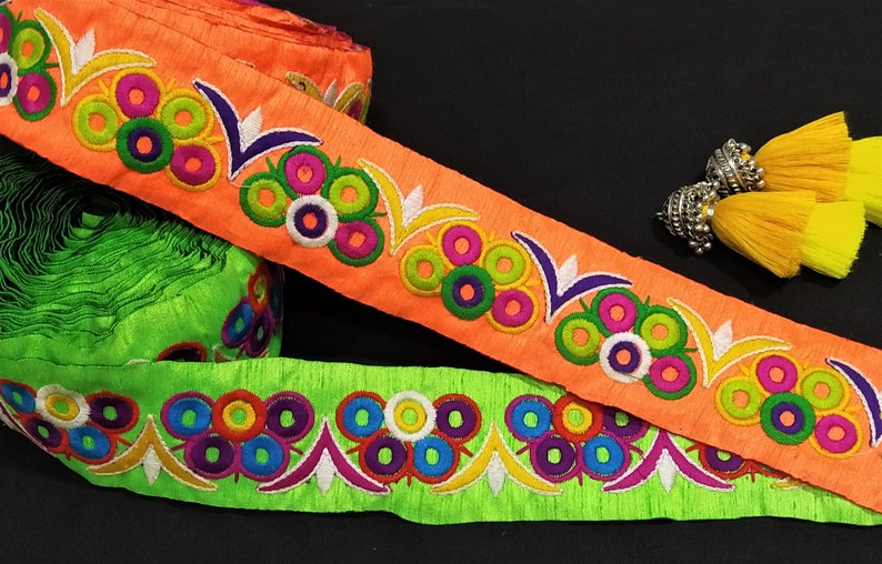 Indian Lace, Embroidered Neon Orange Trim, Crafting Ribbon, Sari Border ...