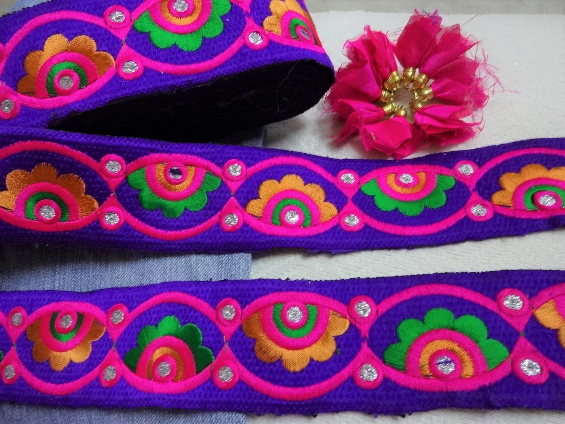 Indian Lace Embroidered Floral Craft Ribbon Sari Border Pink Purple ...