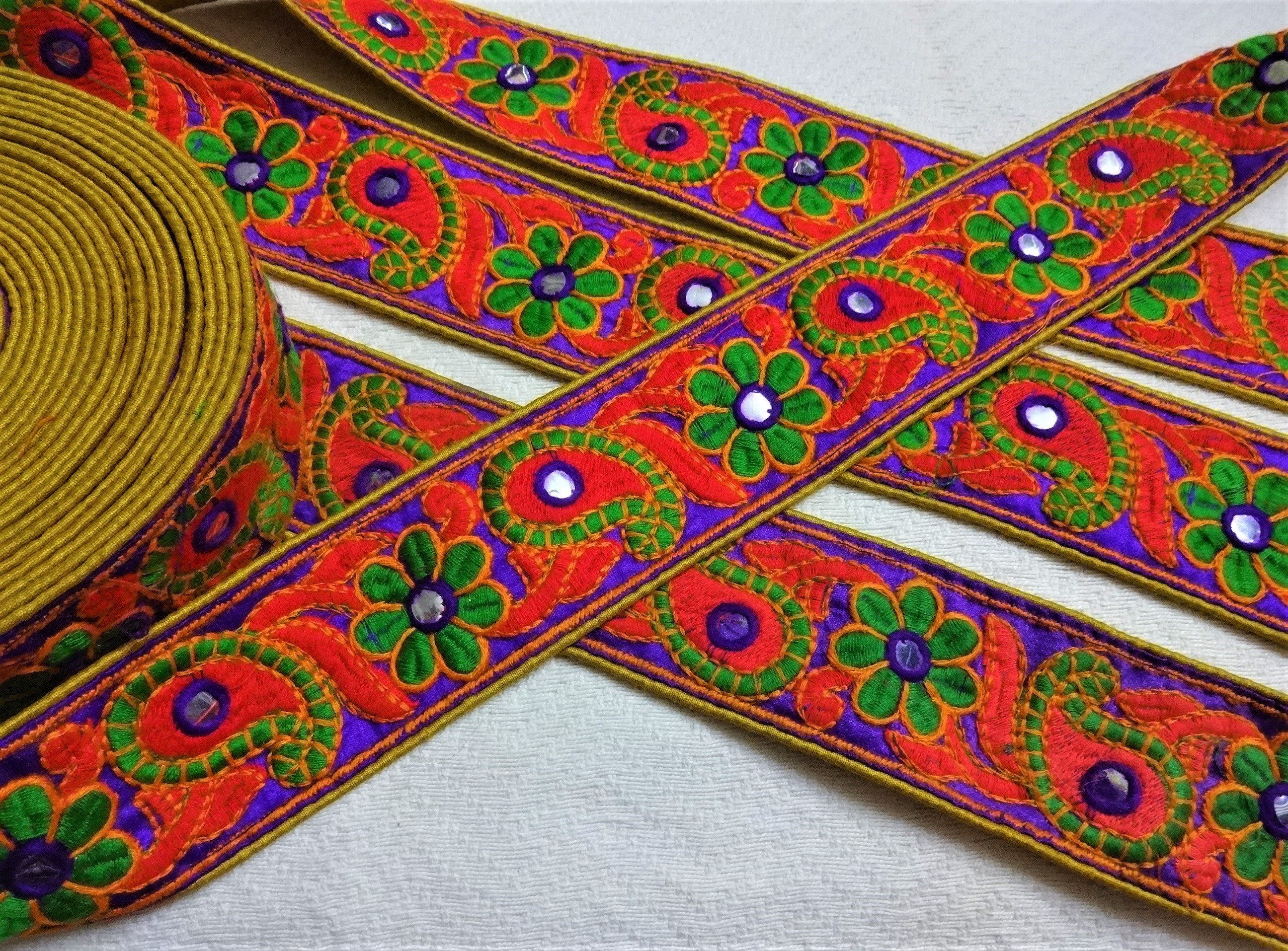 Indian Lace Embroidered Floral Craft Ribbon Sari Border Purple Red ...