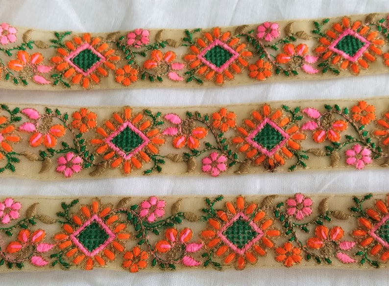 Indian Trim, Embroidered Ribbon, Wholesale Trim, Sari Border, Beige Net ...