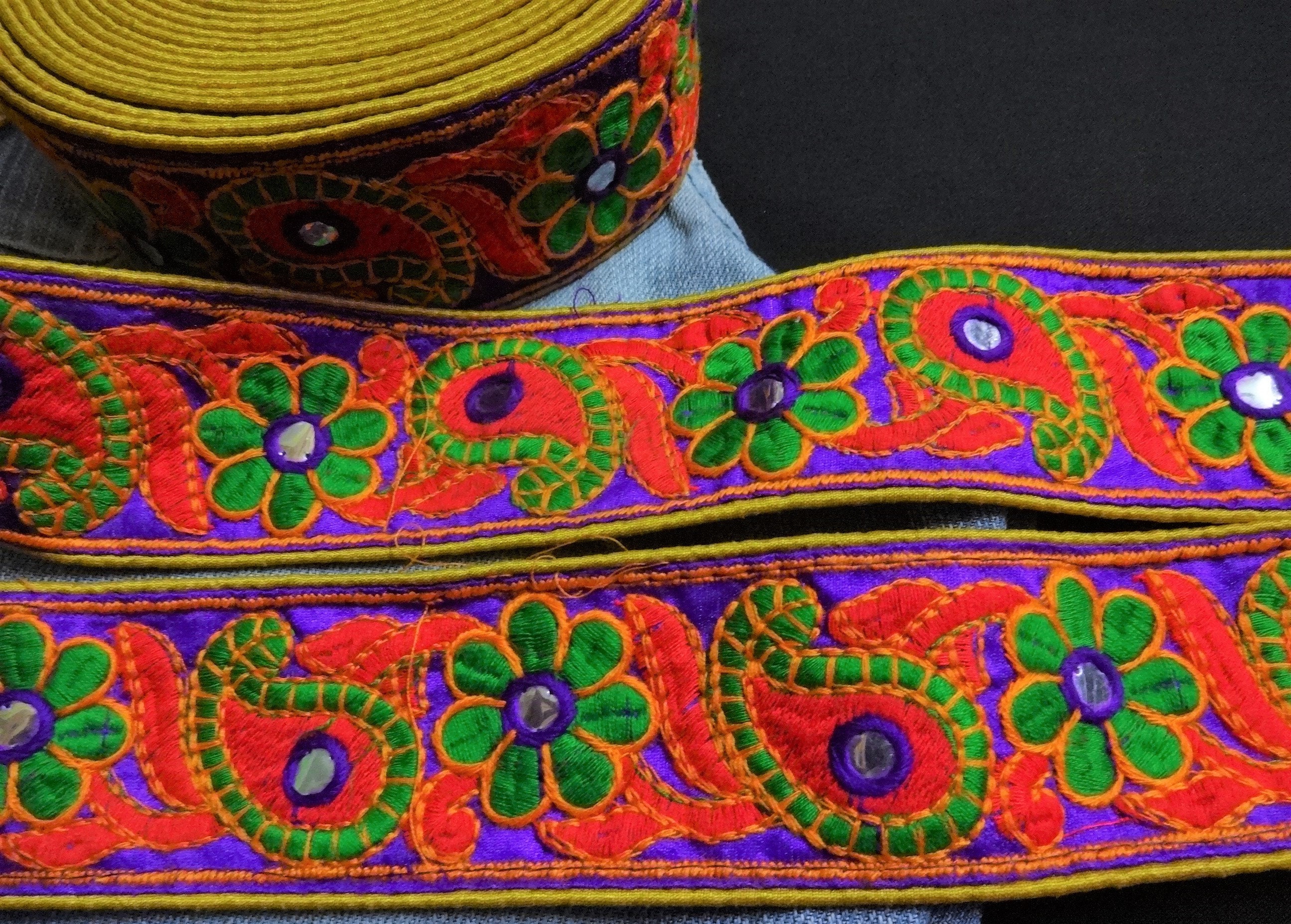 Indian Lace Embroidered Floral Craft Ribbon Sari Border Purple Red ...