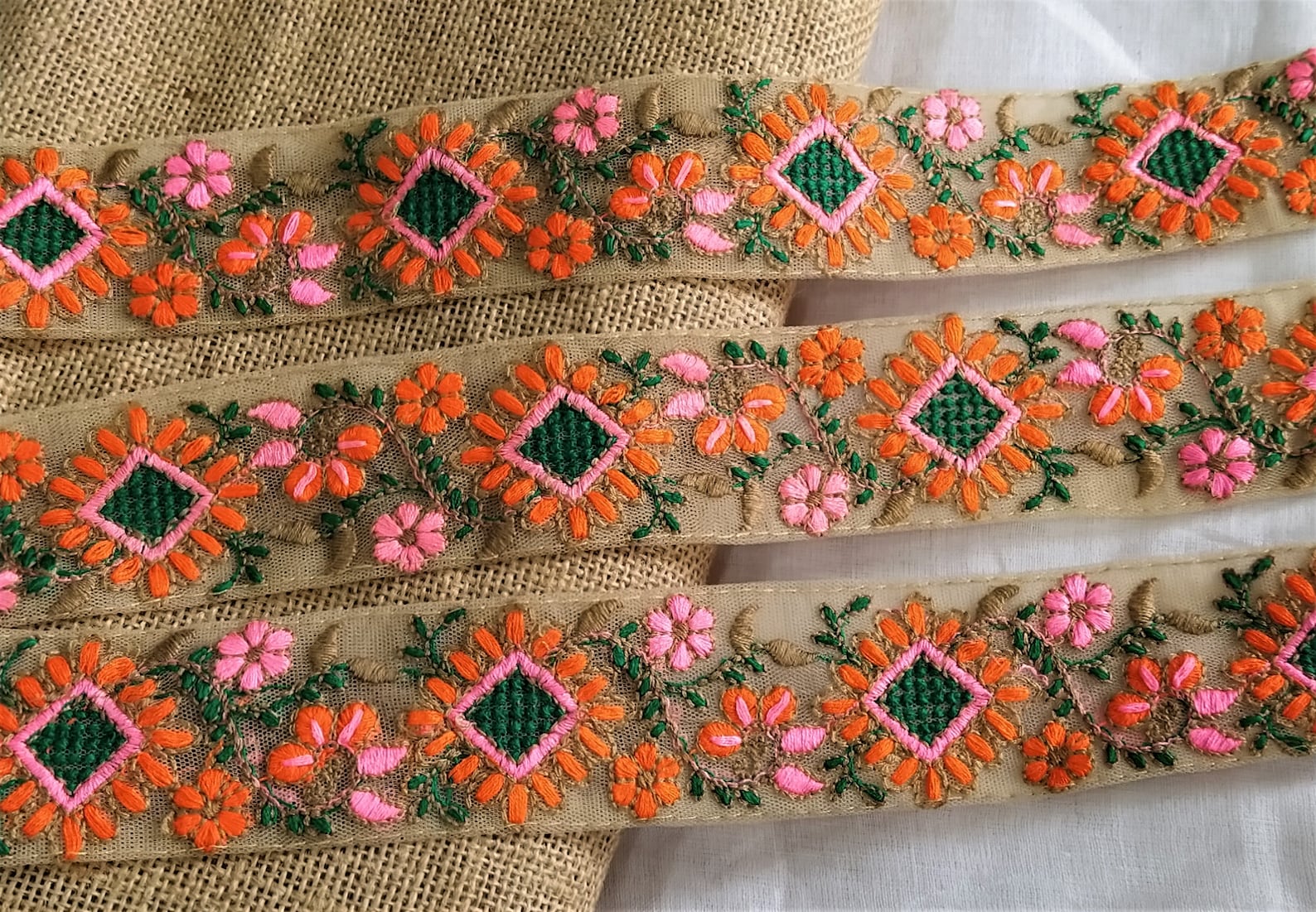 Indian Trim, Embroidered Ribbon, Wholesale Trim, Sari Border, Beige Net ...