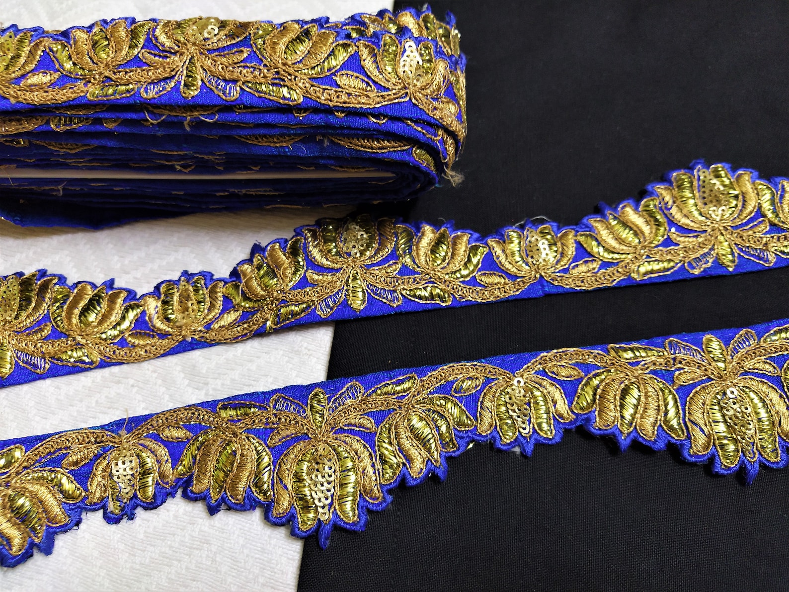 Royal Blue Embroidered Cutwork Trim Crafting Fabric Lace Golden Zari ...