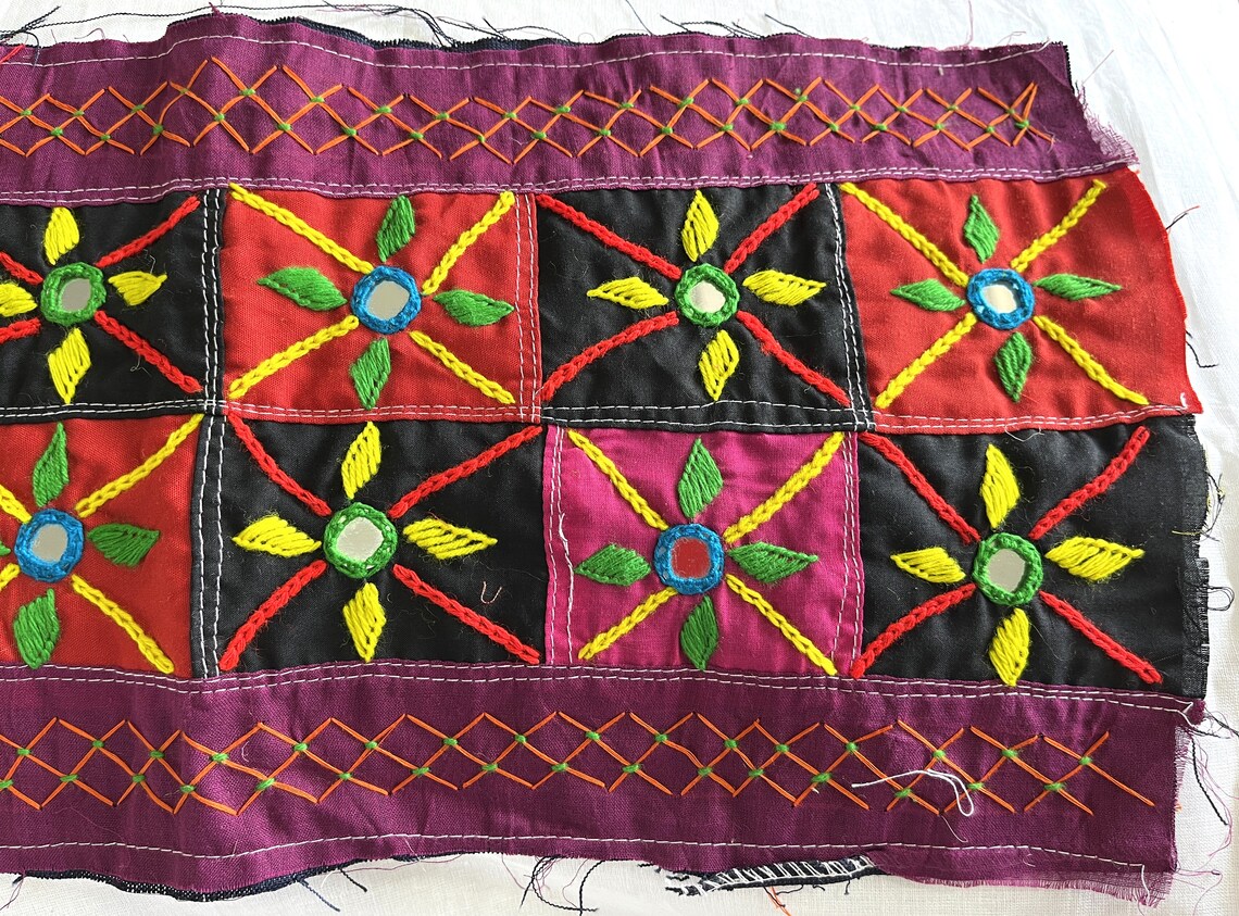 Indian Applique, Embroidered Multi Colored Rectangular Ethnic Sew on ...