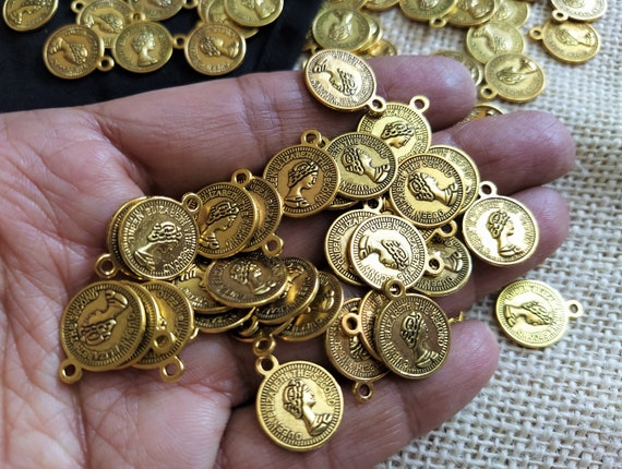 Indian Metallic Money 16 MM Metal Coin Charms, Jewelry Supplies,