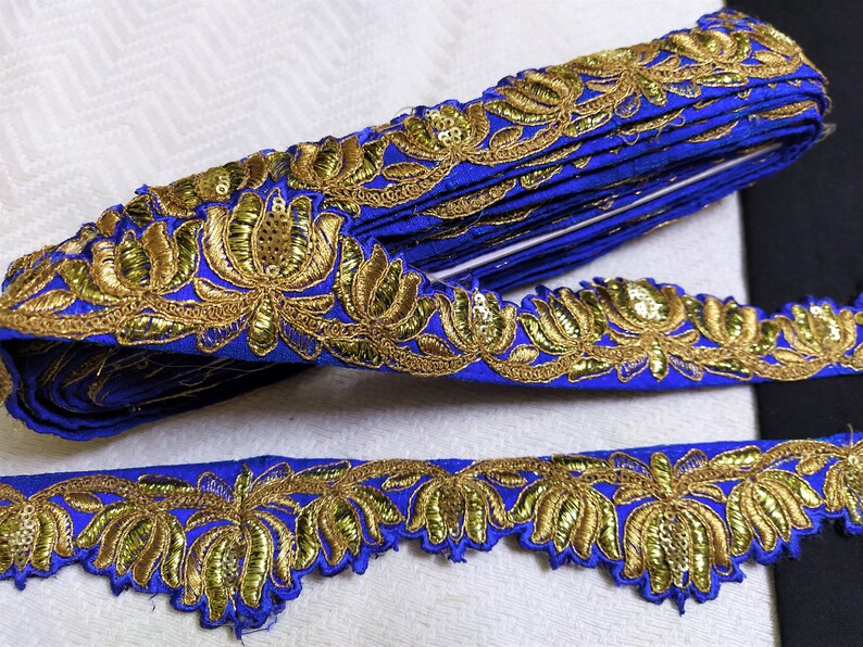 Royal Blue Embroidered Cutwork Trim Crafting Fabric Lace Golden Zari ...