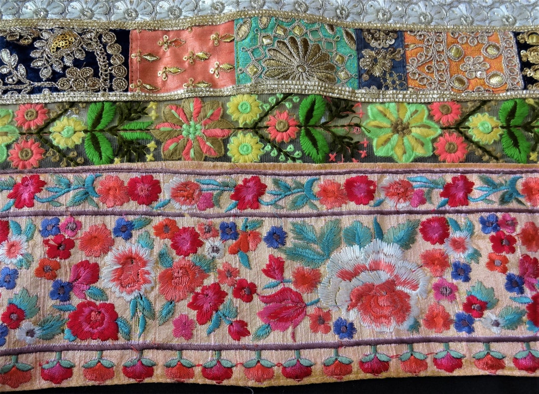 Tela india, tela de patchwork con ribete Zari bordado, telas de trabajo ...