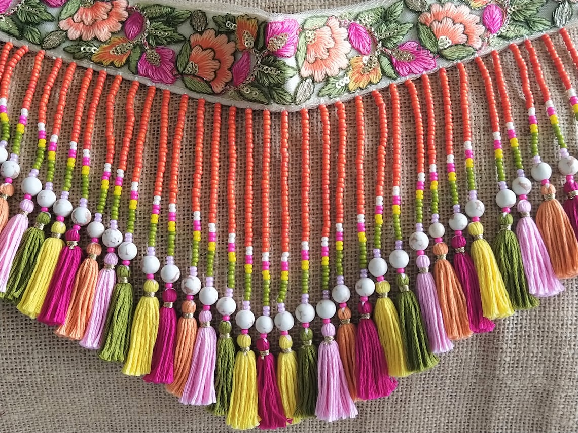 Indian Handmade Fabric Jewelry Ethnic Tribal Fringe Necklace | Etsy