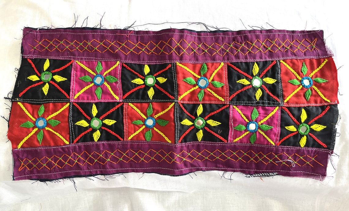 Indian Applique, Embroidered Multi Colored Rectangular Ethnic Sew on ...