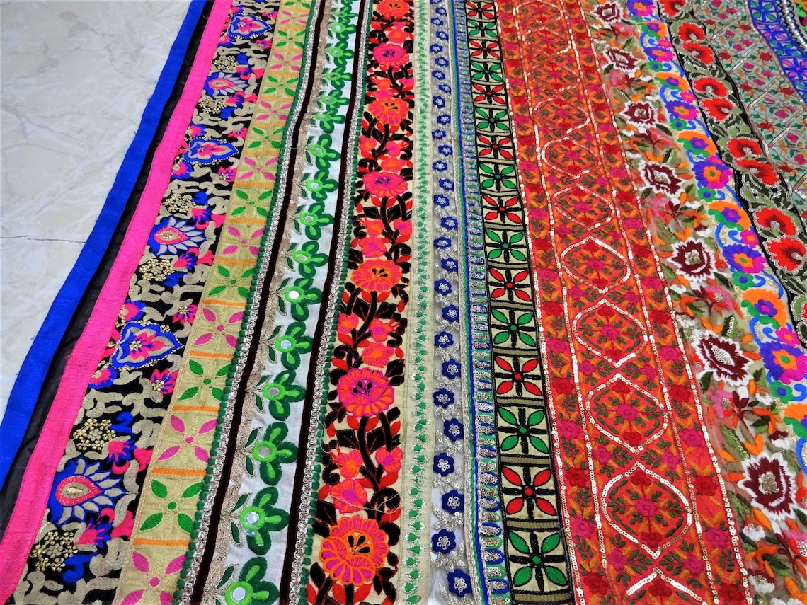 Indian Embroidered Fabric Lace work fabrics Indian Textile | Etsy